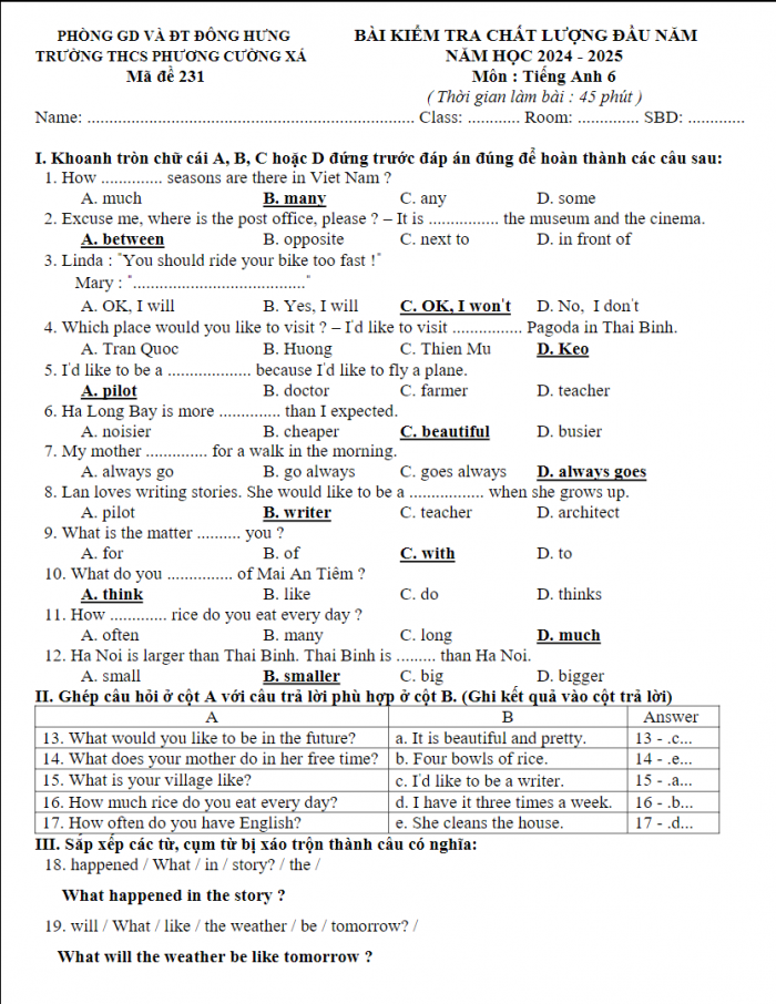 Đề thi khảo sát chất lượng đầu năm lớp 6 môn Toán, Văn, Tiếng Anh