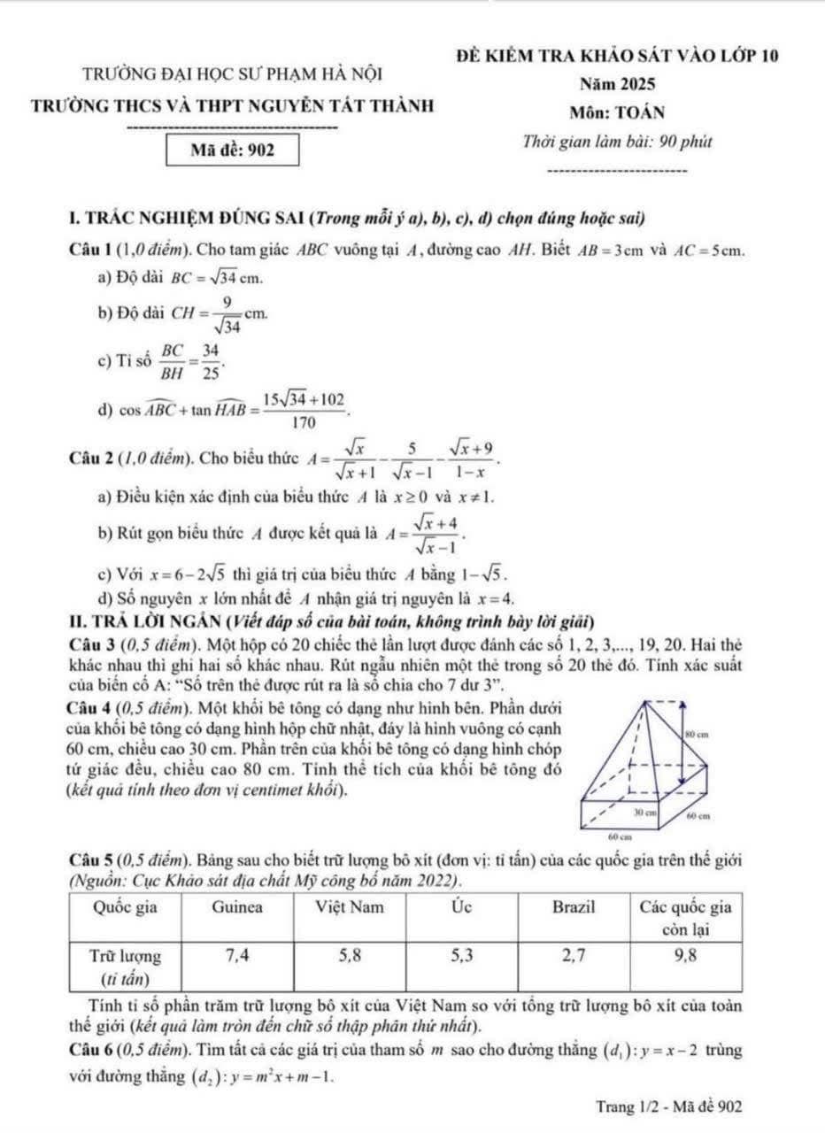 Đề thi thử vào lớp 10 môn Toán năm 2025 – 2026 kèm đáp án PDF
