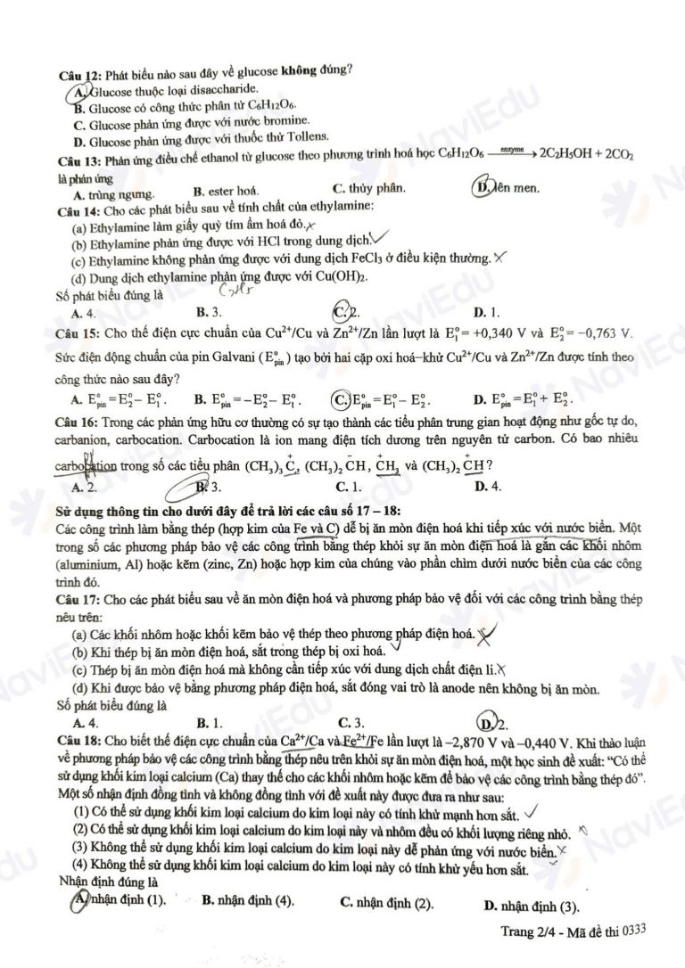Đáp án đề thi tốt nghiệp THPT Quốc Gia môn Hóa Học 2025